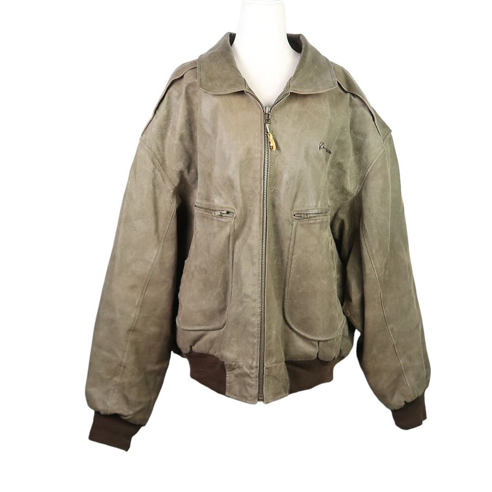 Boeing Taupe Brown Leather Zip Front Flight Jacket Me… - Gem
